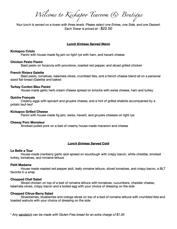 Menu - Kickapoo Tearoom and Boutique