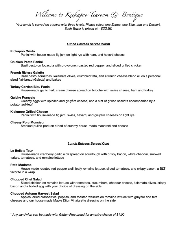 Menu - Kickapoo Tearoom and Boutique